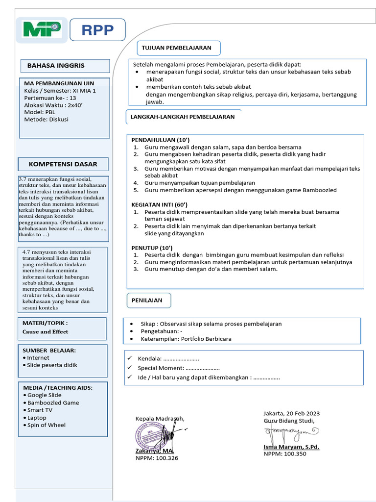 RPP - XI MIA - Cause and Effect - Presentasi | PDF