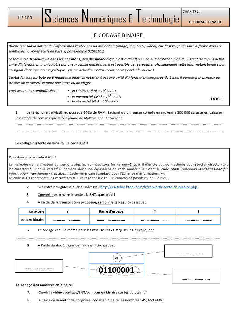TP N°1 - Le Codage Binaire | PDF