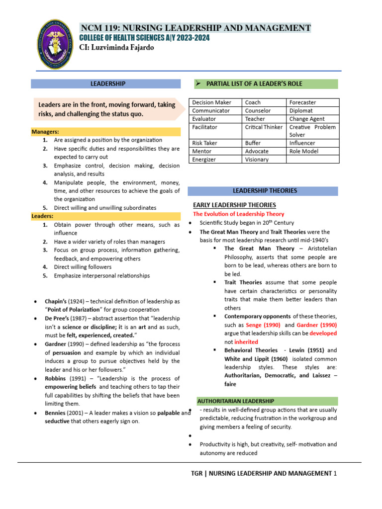 Nursing Leadership and Management Overview | PDF | Leadership | Swot ...