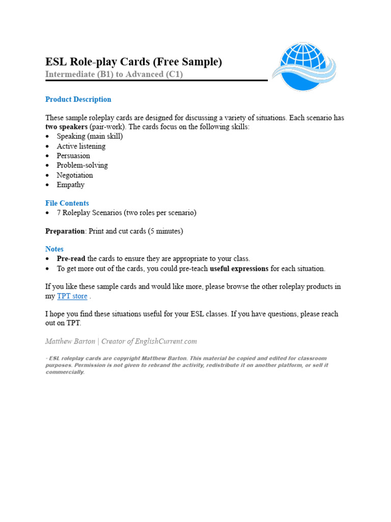ESL Role-Play Cards (Free Sample) : Intermediate (B1) To Advanced (C1 ...