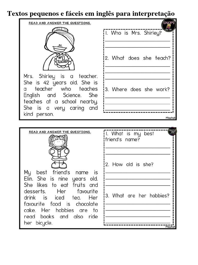 Textos pequenos e fáceis em inglês para interpretação | PDF