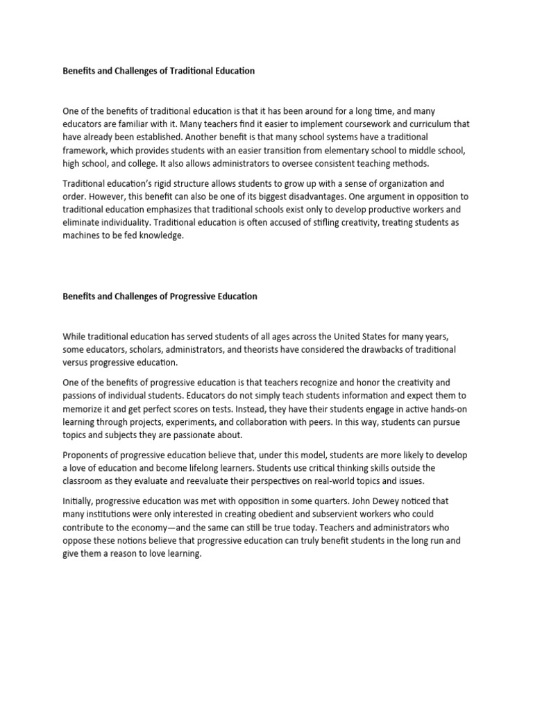 Benefits of Traditional vs. Progressive Education | PDF | Self-Improvement