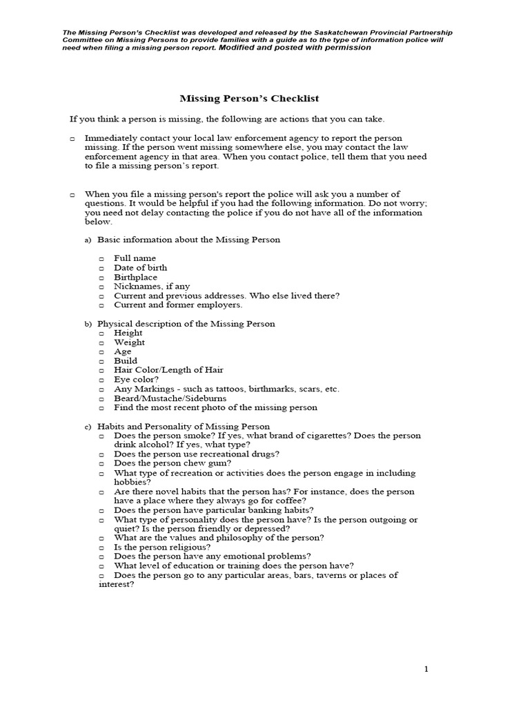 Missing Person Report Checklist | PDF | Lifestyle