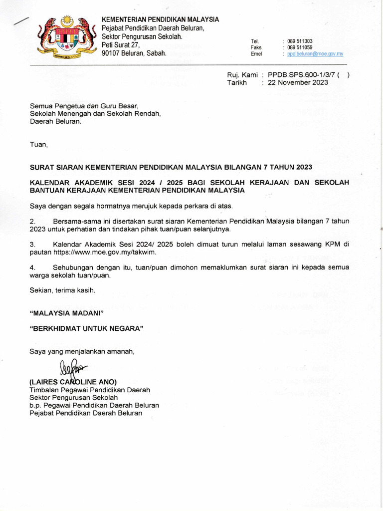 SURAT PPD SS BIL 7 2023 KALENDAR AKADEMIK 20242025 - Edaran Sekolah | PDF