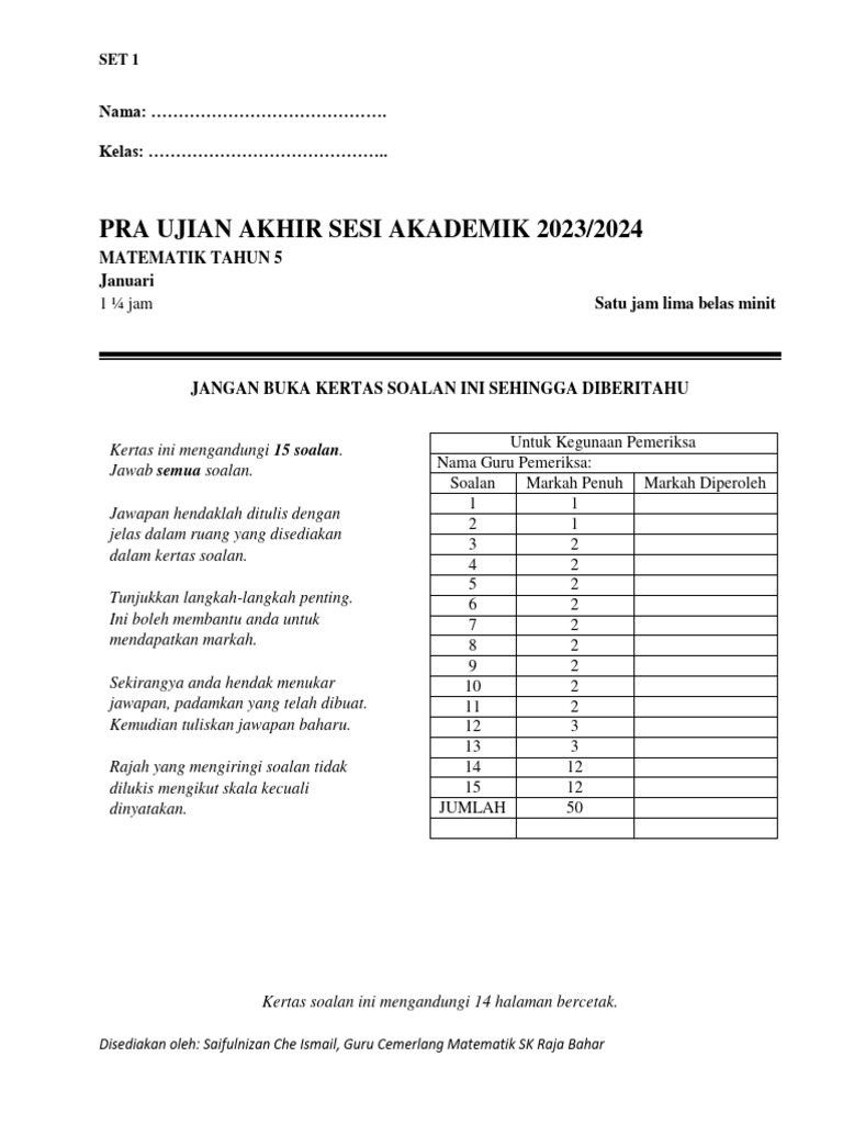 Set 1 MT THN 5 Uasa 20232024 | PDF
