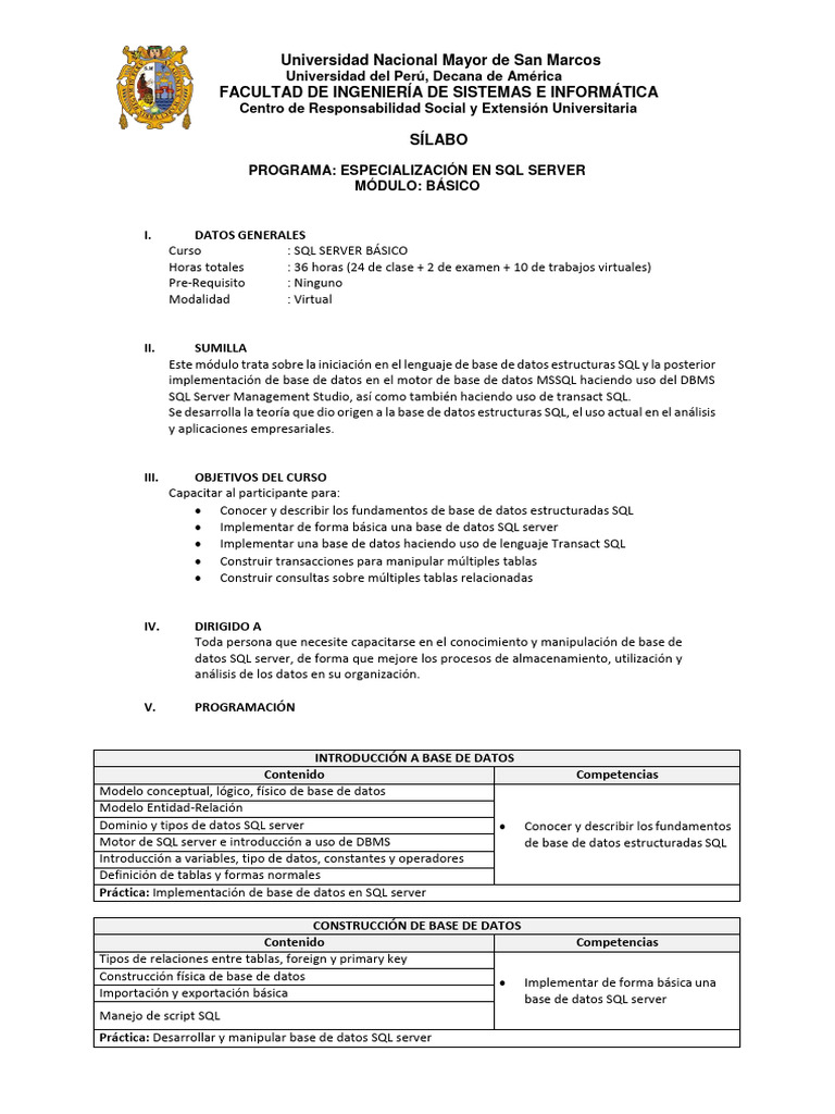 SILABO SQL SERVER SISTEMAS UNMSM Virtual | PDF
