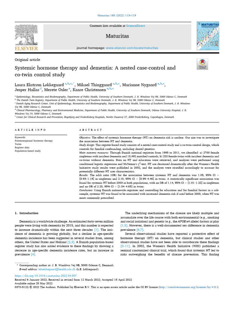 Systemic Hormone Therapy and Dementia A Nested Ca | PDF | Twin | Dementia