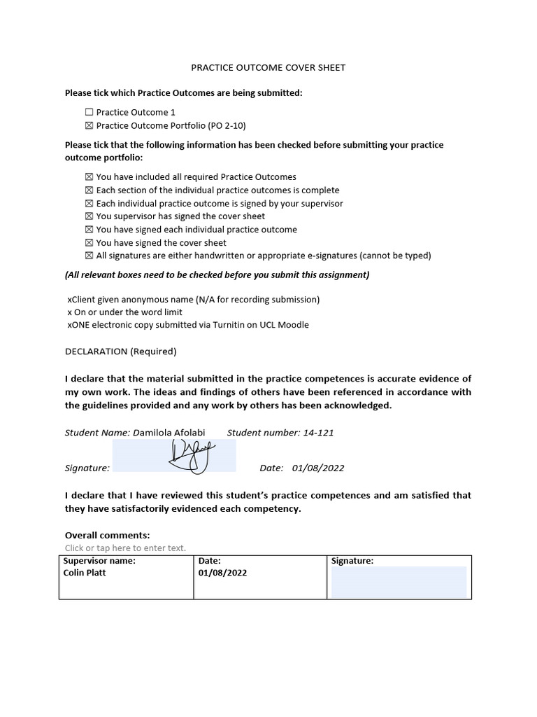 PO1-10 Coversheet, Checklist and Evidence Sheets submission 1 | PDF