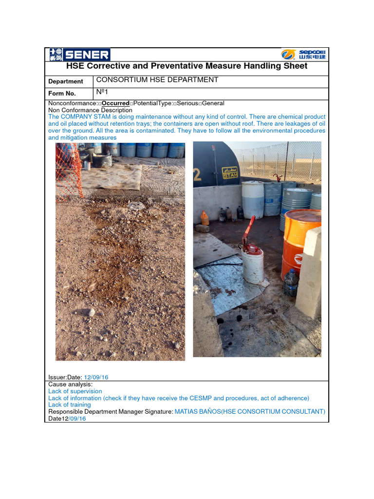 HSE Corrective and Preventive Measure Handling Sheet | PDF