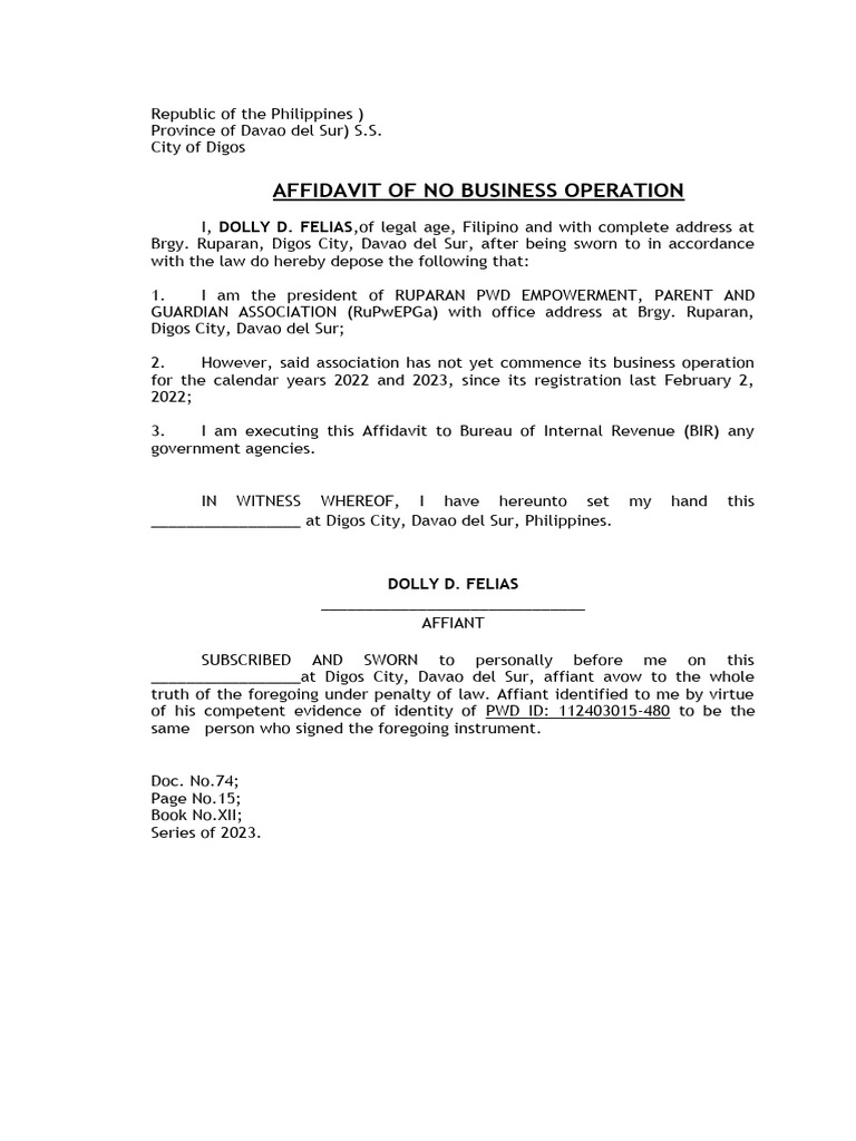 Affidavit of No Operation Livelihood | PDF