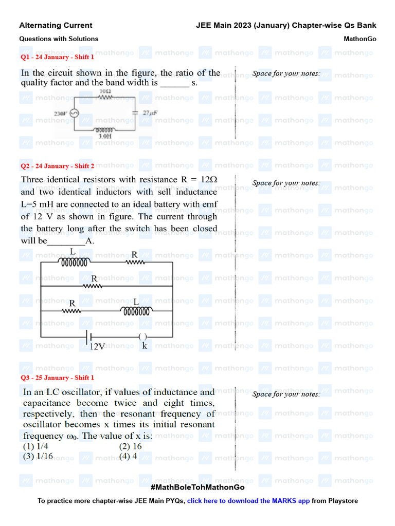 Alternating Current JEE Main 2023 (January) Chapter-Wise Qs Bank | PDF