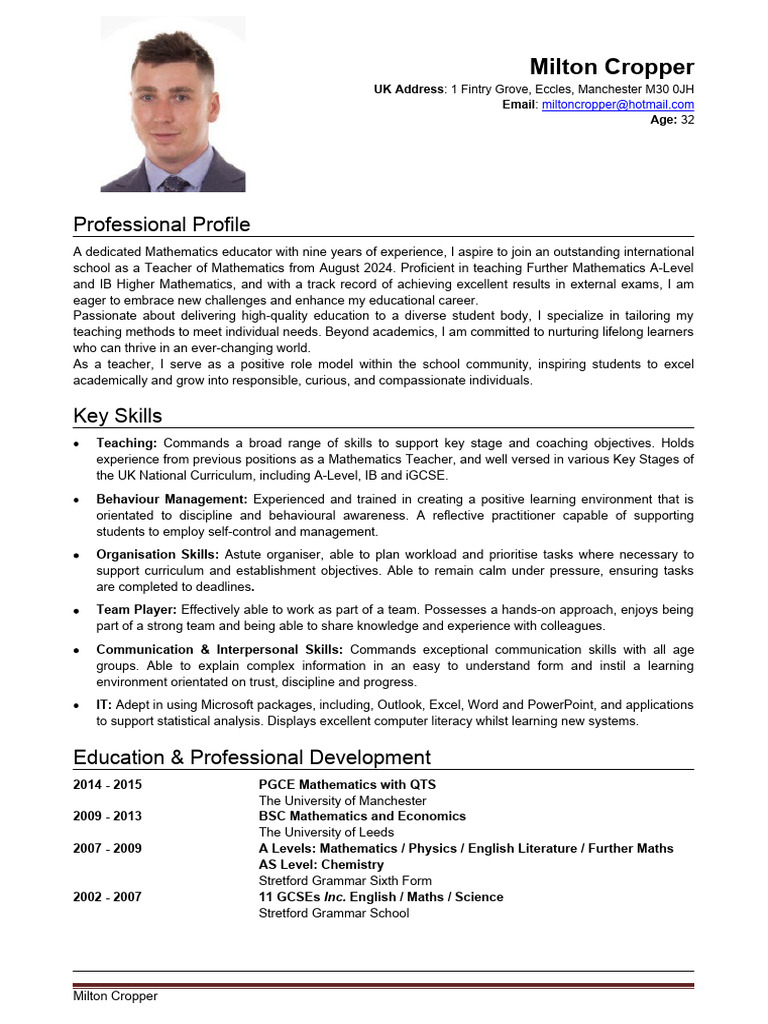 Milton Cropper CV October 2023 | PDF | Teachers | Mathematics