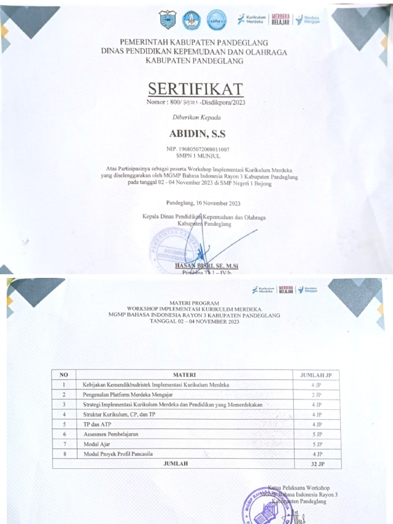 Sertifikat Workshop Kurikulum Merdeka (Abidin) | PDF