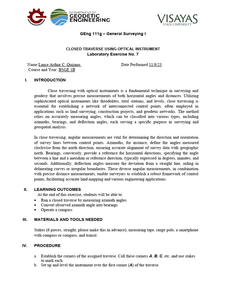 07 Closed Traverse Using Optical Instrument | PDF