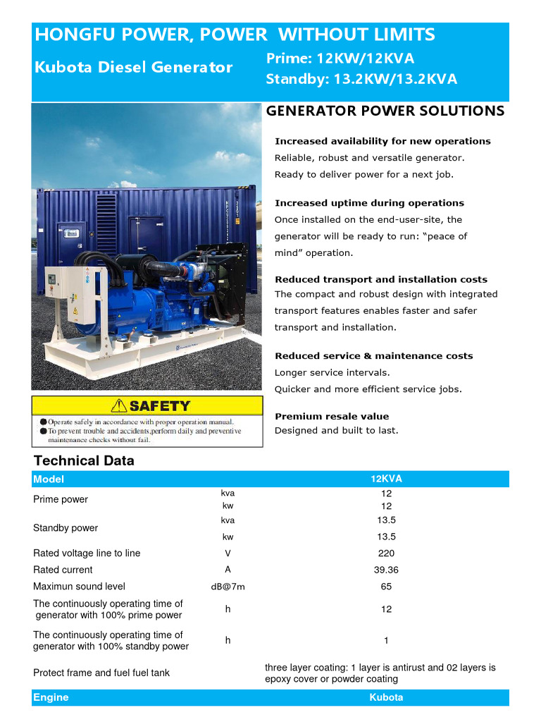 Kubota 12kva Genset Datasheet | PDF