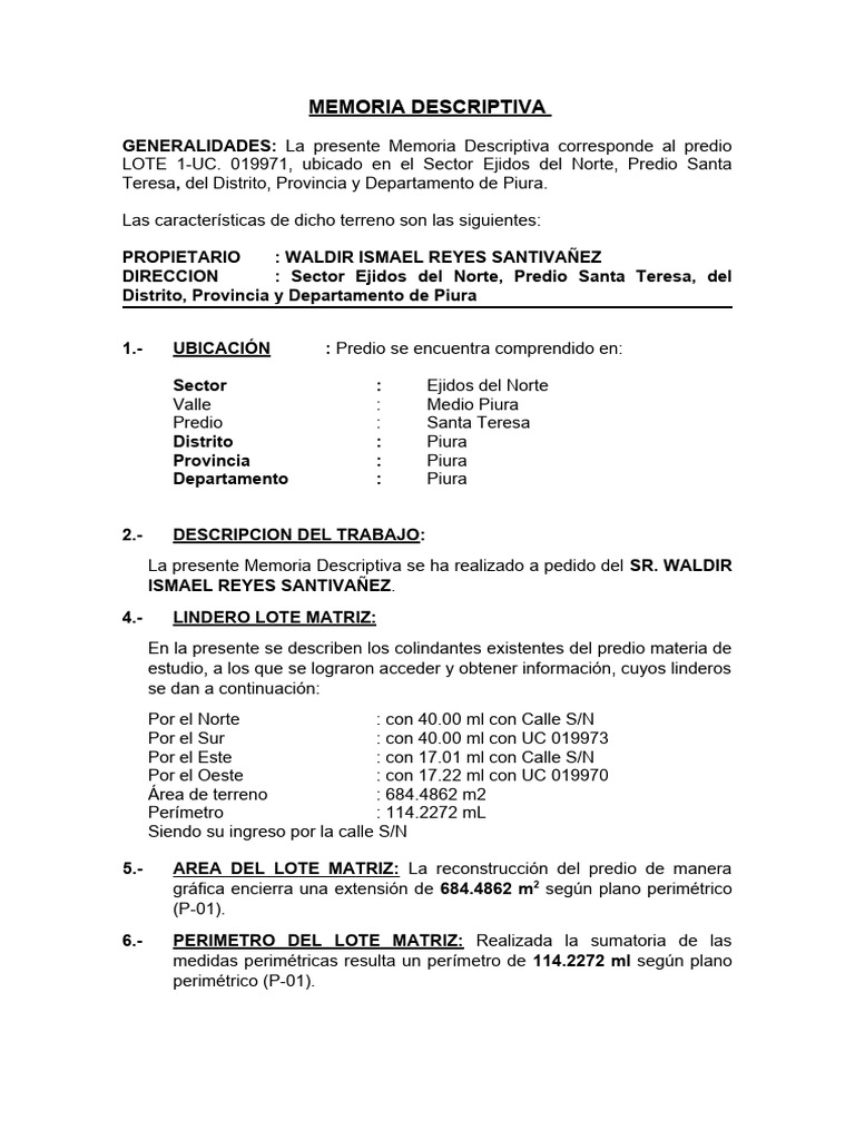 Memoria Descriptiva Lote 1-UC. 019971 Piura | PDF