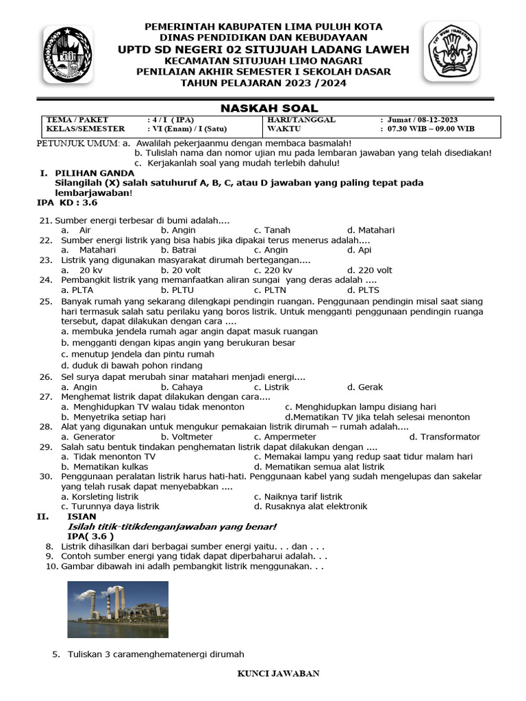 Soal PAS I Kelas VI Tema 4 Paket 1 (IPA) TH 2023-2024 | PDF
