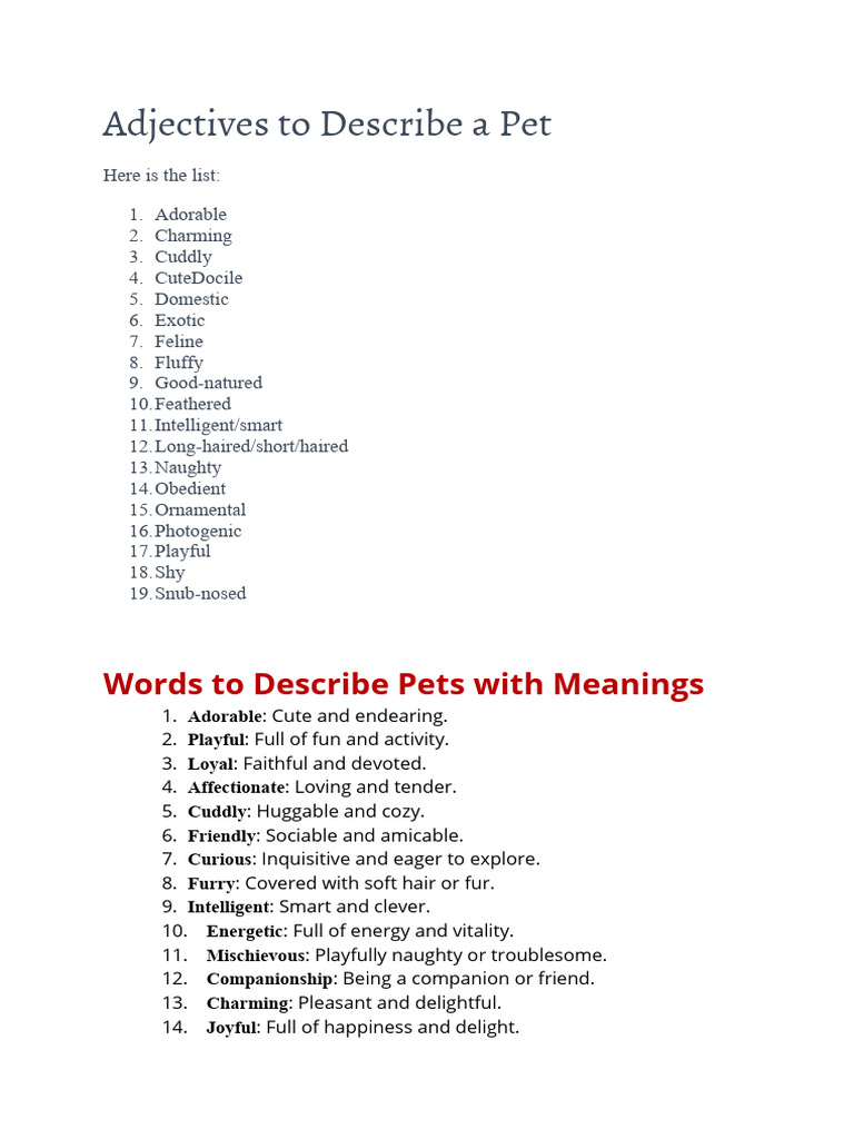 Adjectives To Describe A Pet | PDF | Cats | Pet