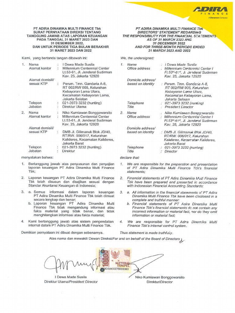 Surat Pernyataan Direksi 0323 Tanpa Tanggal | PDF