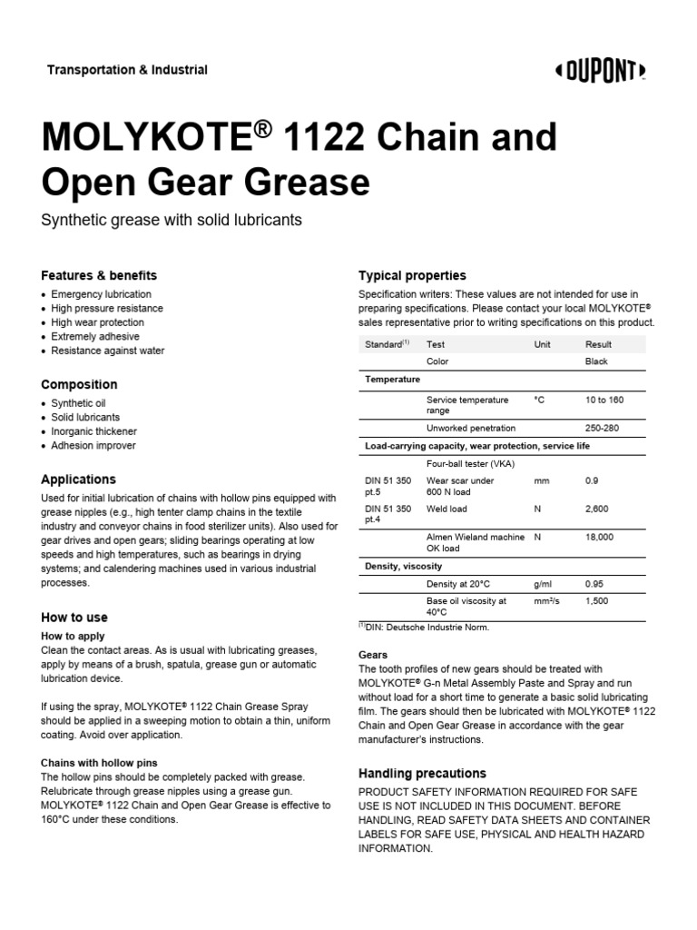 TDS MOLYKOTE L 1122FG Synthetic Gear Oil Eng | PDF