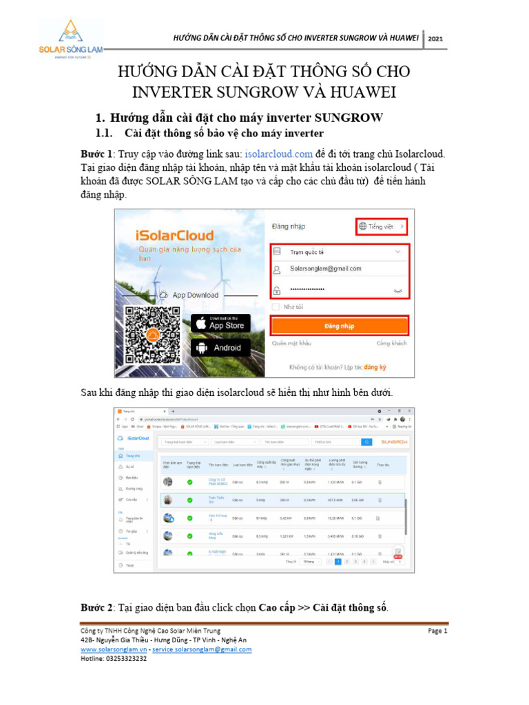 Hướng dẫn cài đặt thông số cho máy inverter Sungrow và Huawei | PDF