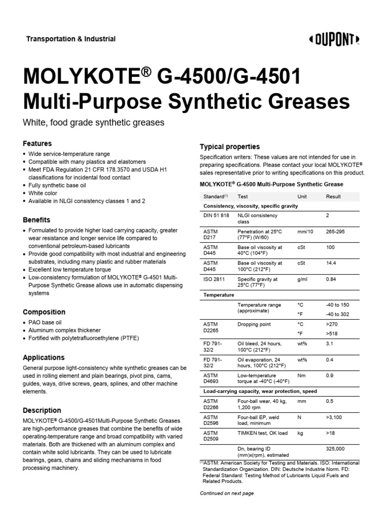 Molykote G-4500 G-4501 Multi-Purpose Synthetic Greases | PDF