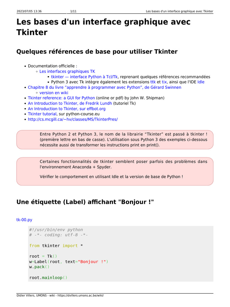 Les Bases D Un Interface Graphique Avec Tkinter | PDF