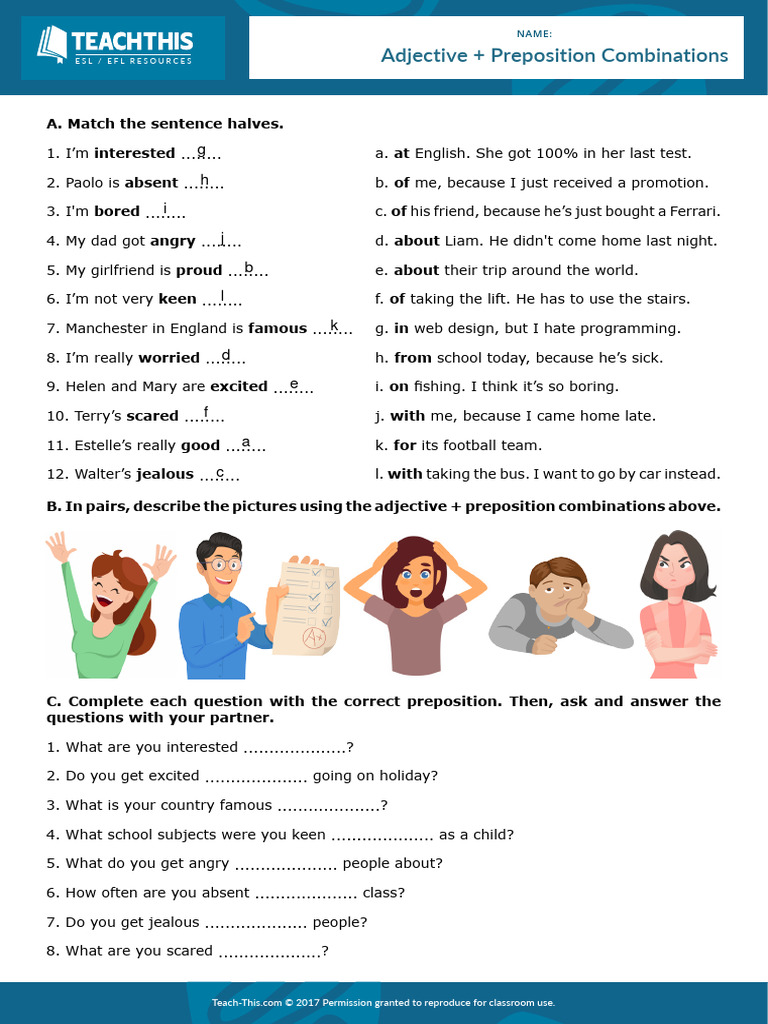 Adjective Preposition Combinations Interactive Worksheet | PDF