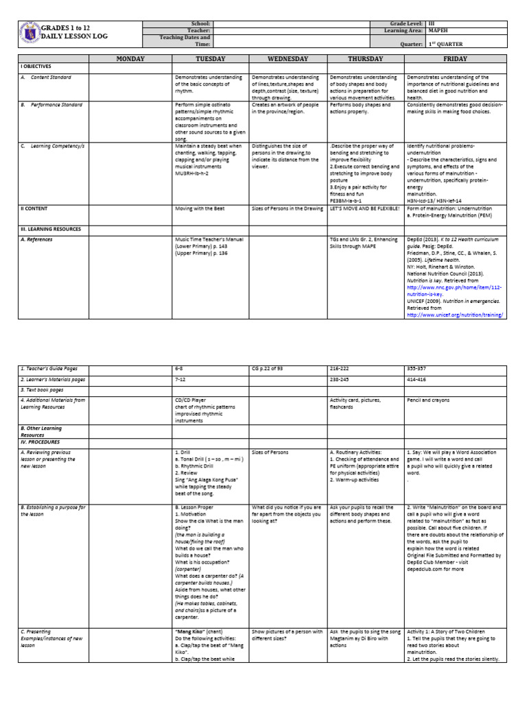 DLL - Mapeh 3 - Q1 - W2 | PDF