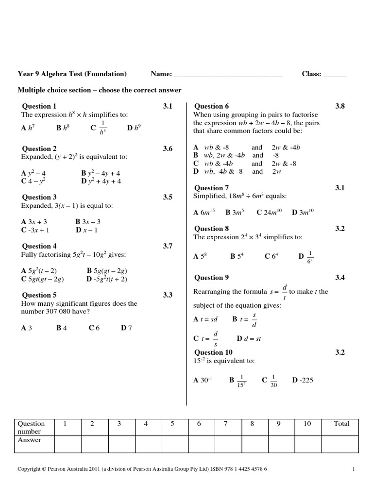 ch3_Algebra Test A (Foundation) | PDF | Sun | Factorization