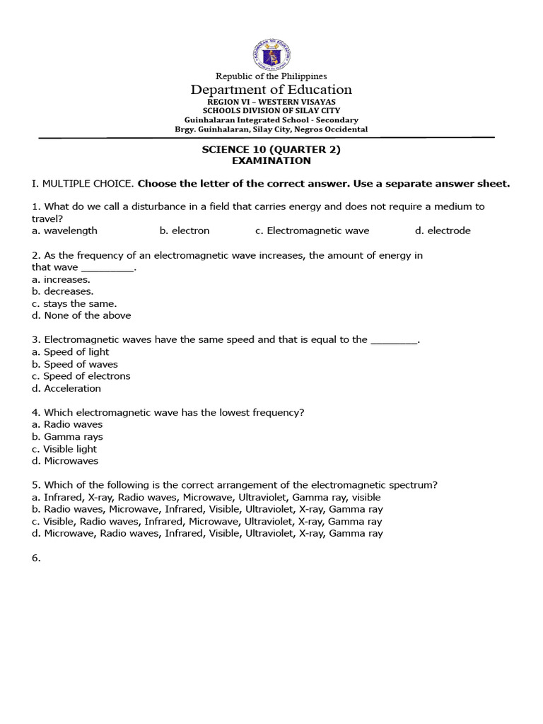 Science 10 - Quarter 2 - Examination | PDF