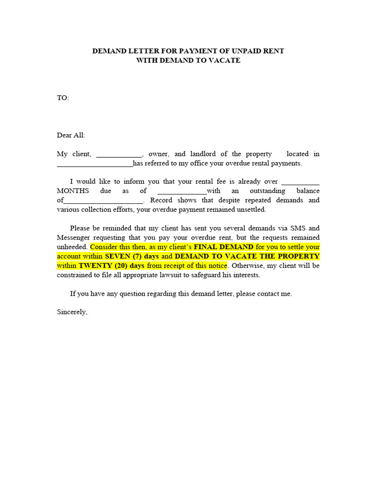 Demand Letter Sample Vacate Property | PDF