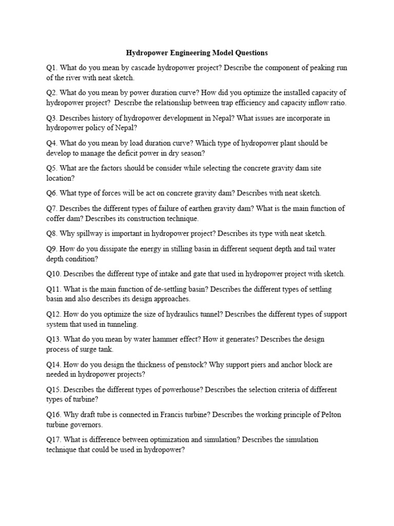 Hydropower Engineering Model Question Set | PDF | Spillway ... Hydropower Engineering Model Question Set | PDF | Spillway ...