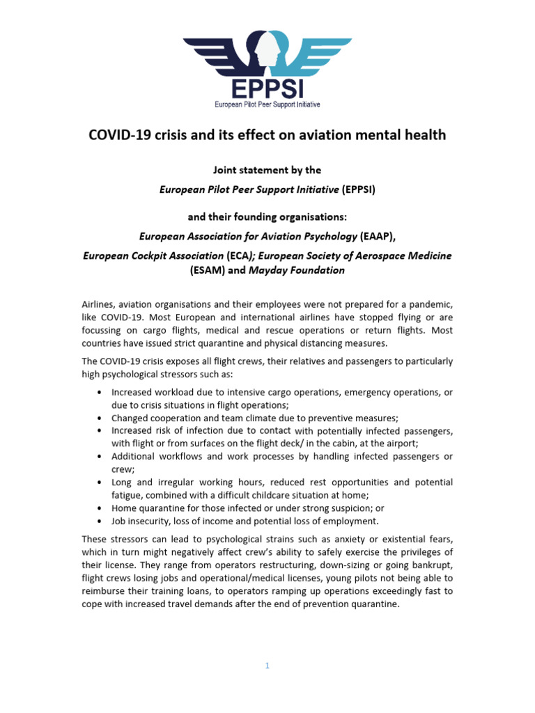 Joint EPPSI Statement On COVID19 and Aviation Mental Health | PDF