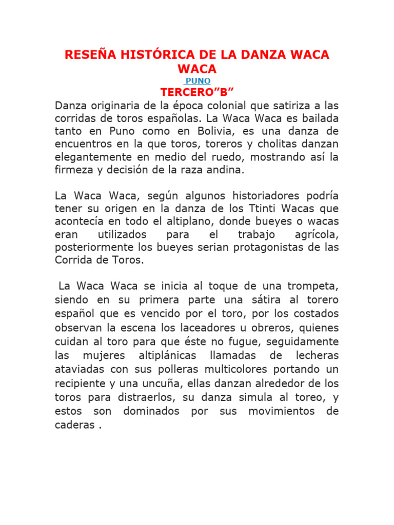 Breve Reseña Histórica de La Danza Waca Waca | PDF