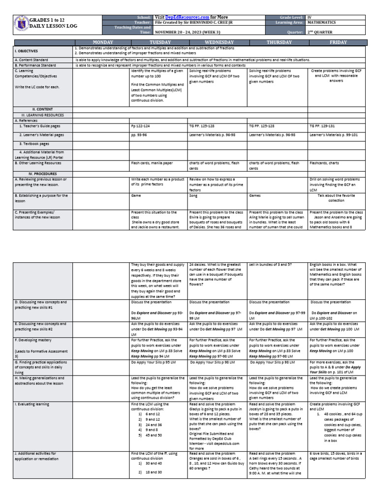 Grade 4 Math Lesson Plan | PDF