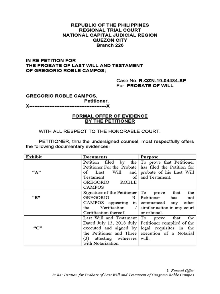 Formal Offer of Evidence Last Will | PDF