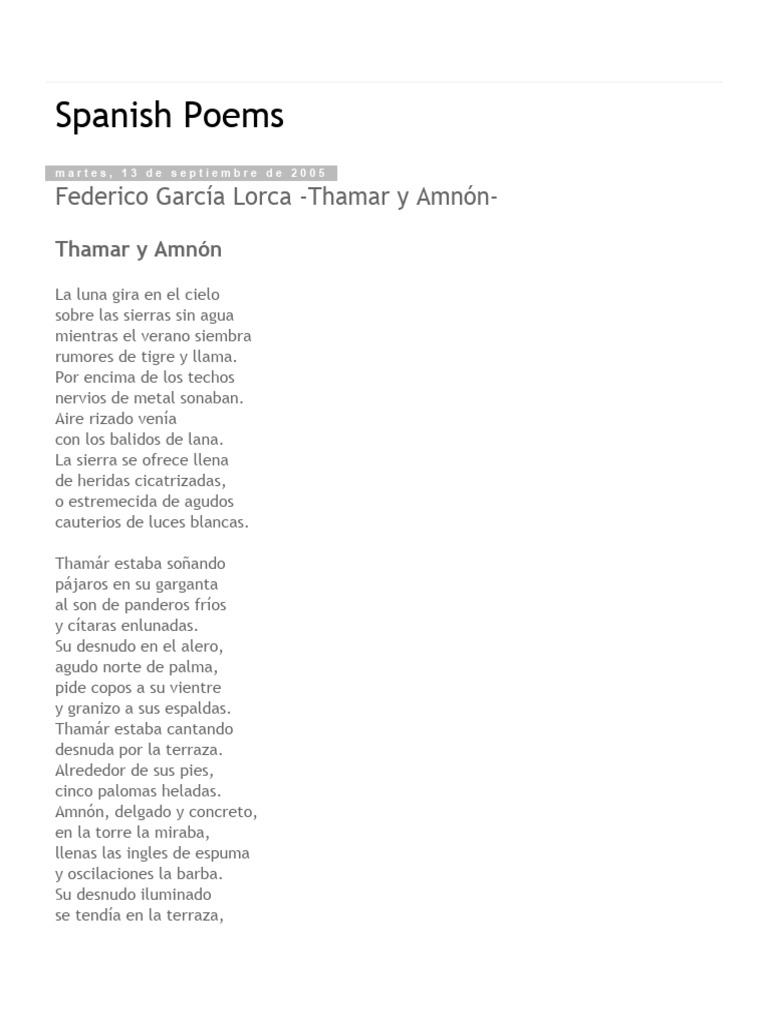 Spanish Poems - Federico García Lorca - Thamar y Amnón | PDF | Poetry