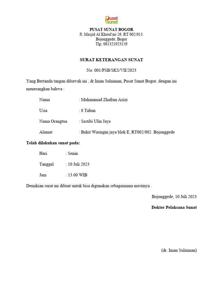 Surat Keterangan Sunat | PDF