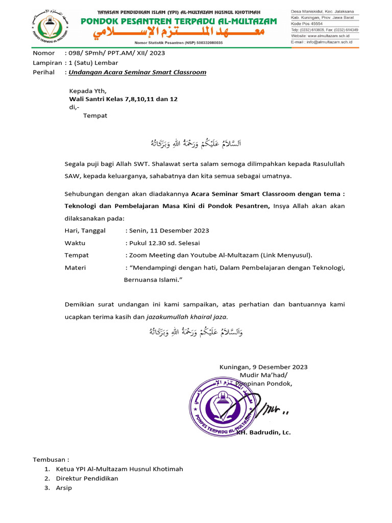 Surat Undangan Acara Seminar Smart Classroom | PDF