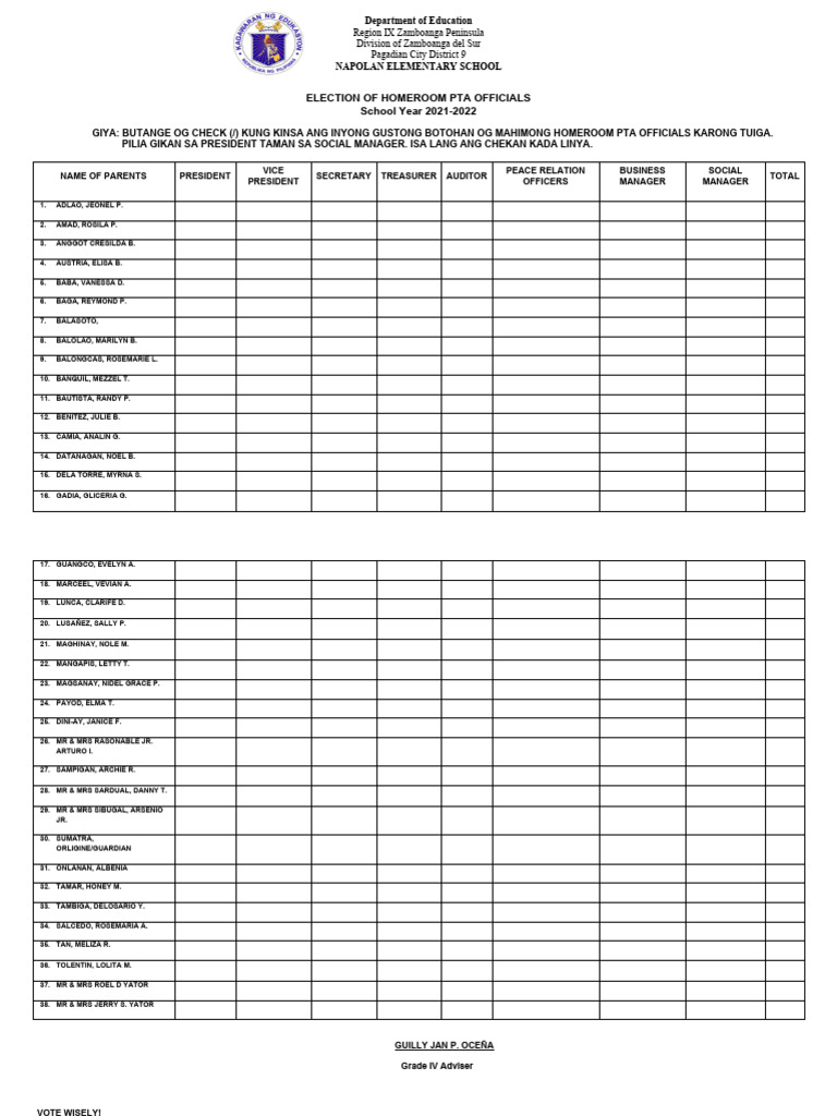 Election of Homeroom Pta Officials Template | PDF