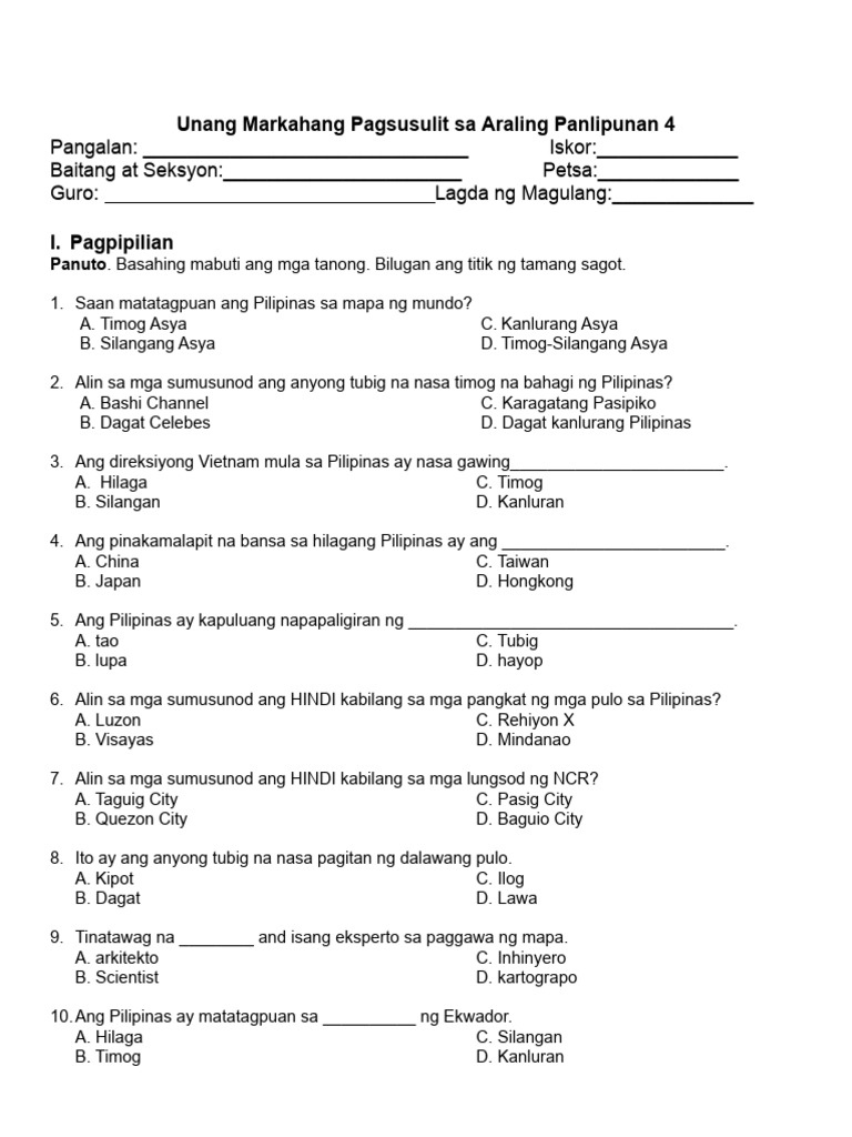 Araling Panlipunan Grade 4 Periodic Test 1st Quarter | PDF