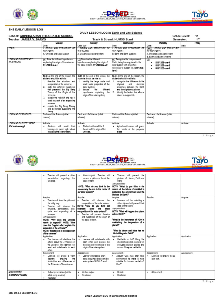 Shs Daily Lesson in Earth Science | PDF