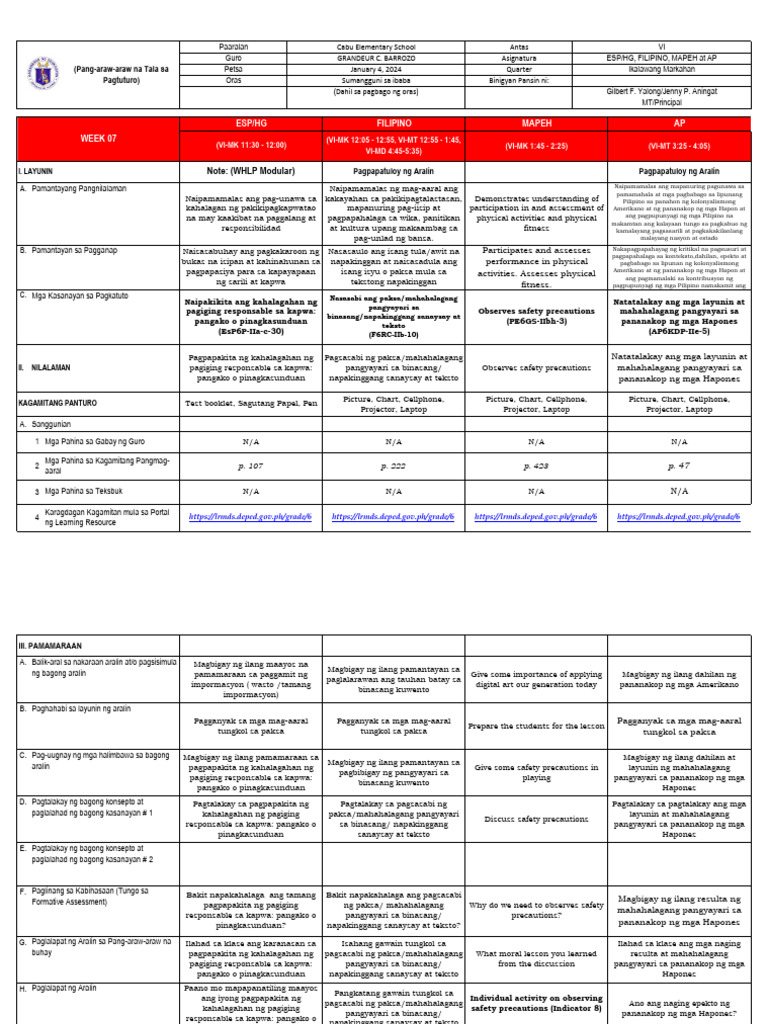 ESP, FIL.,MAPEH, AP - 1-4-24) WK - 7) | PDF