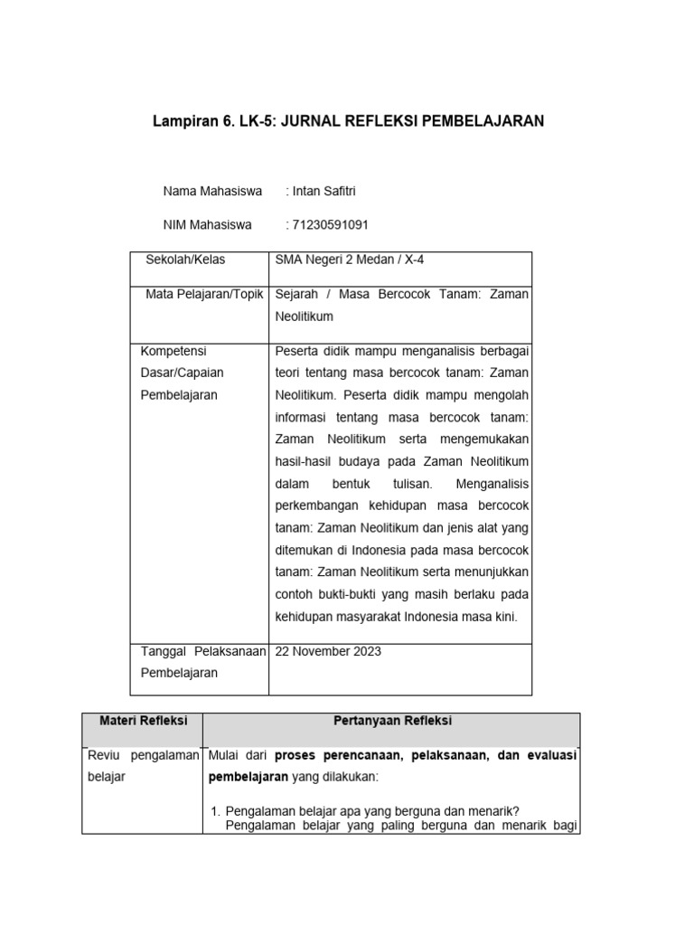 Lampiran 6. LK-5 Jurnal Refleksi Pembelajaran Siklus 1 | PDF