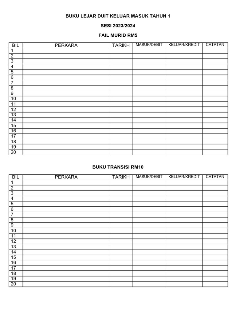 Buku Lejar Duit Keluar Masuk Tahun 1 | PDF