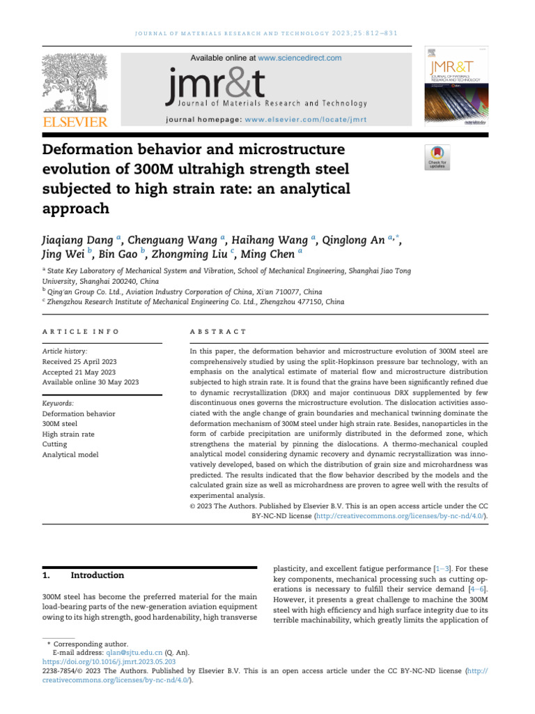Deformation Behavior and Microstructure Evolution of 300M Ultrahigh ...