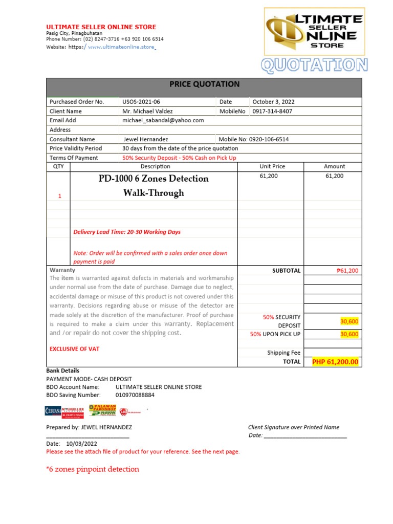 Quotation of PD-1000 6 Zones Walk-Through To Mr. Michael Valdez | PDF | Finance & Money Management
