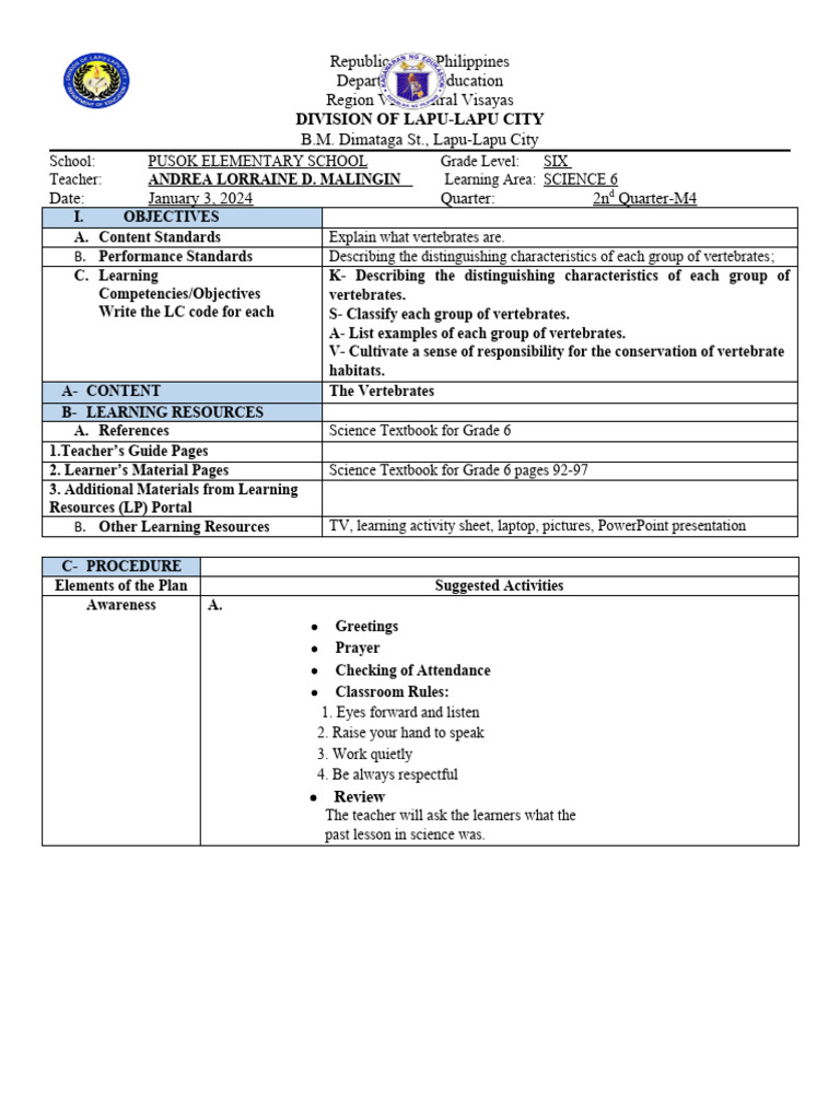 Lesson Plan in Science Q2-M4 "The Vertebrates" | PDF