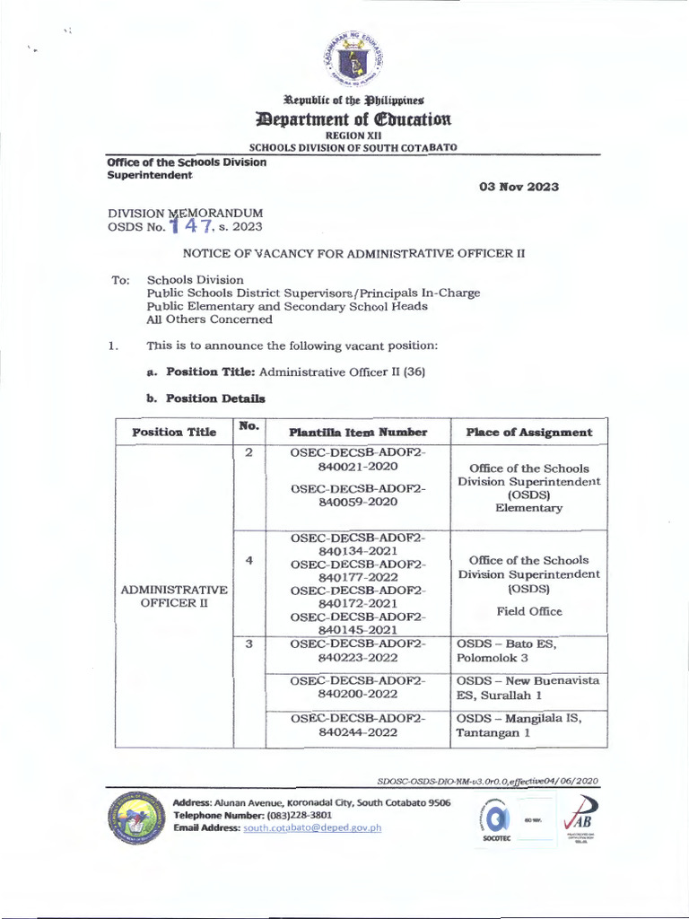 DM OSDS No. 147 S. 2023 NOTICE OF VACANCY FOR ADMINISTRATIVE OFFICER II ...